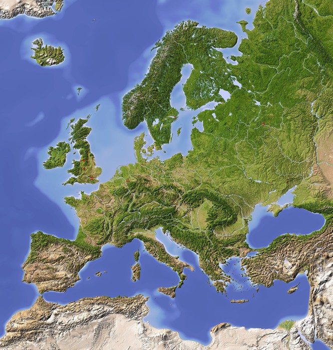 Fotobehang Shaded relief kaart van Europa, gekleurd voor de vegetatie ...