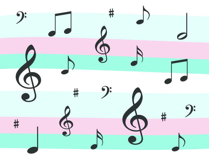 Papier Peint à Motifs Notes de musique sur un fond rose et bleu ...