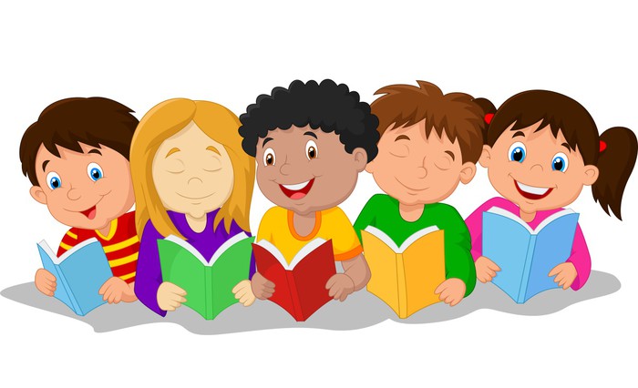 Pixerstick-klistremerke Glade barn ligger på gulvet mens du leser bøker ...